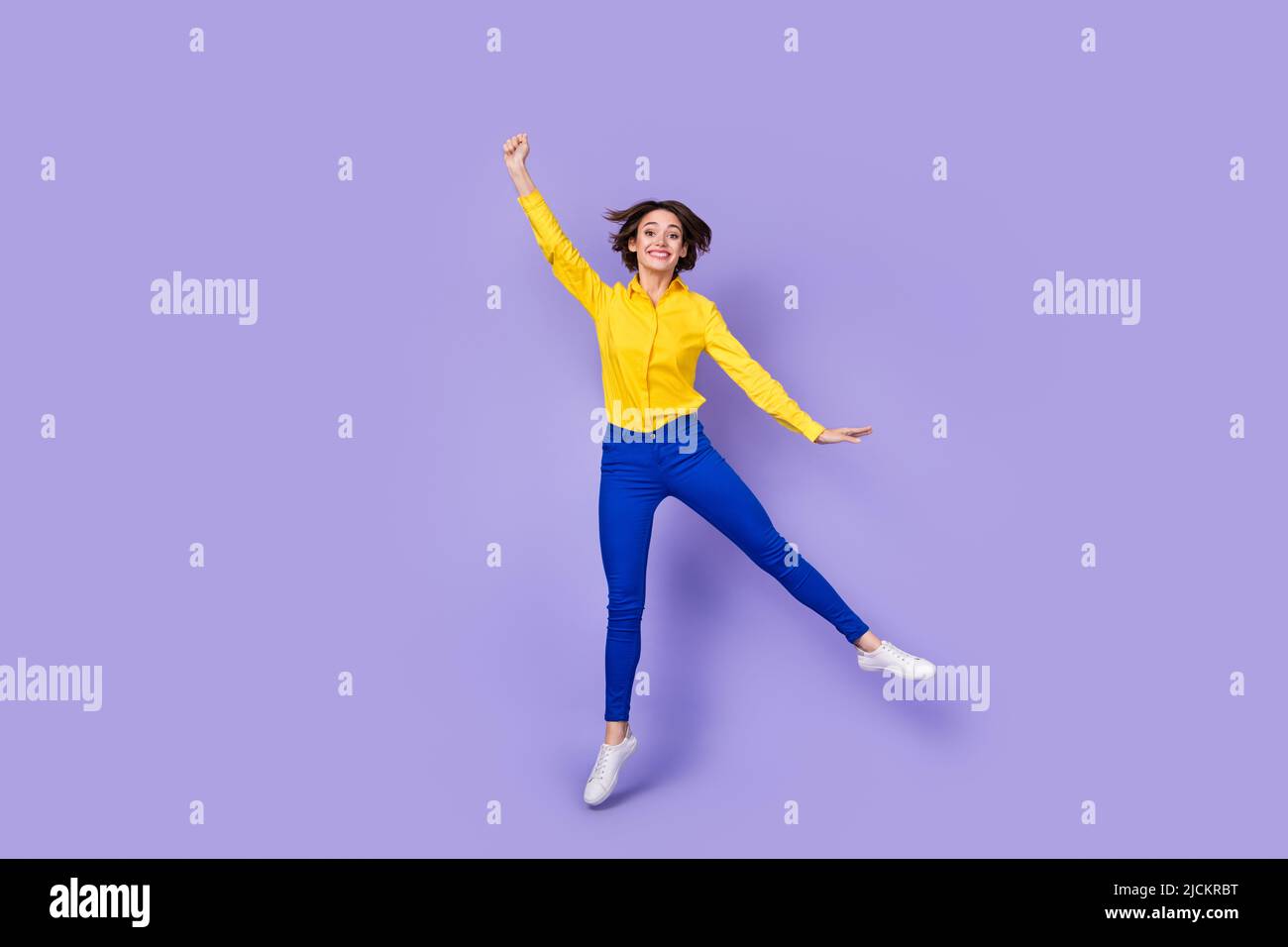 Full size photo of funky millennial lady jump wear wear smart casual ...