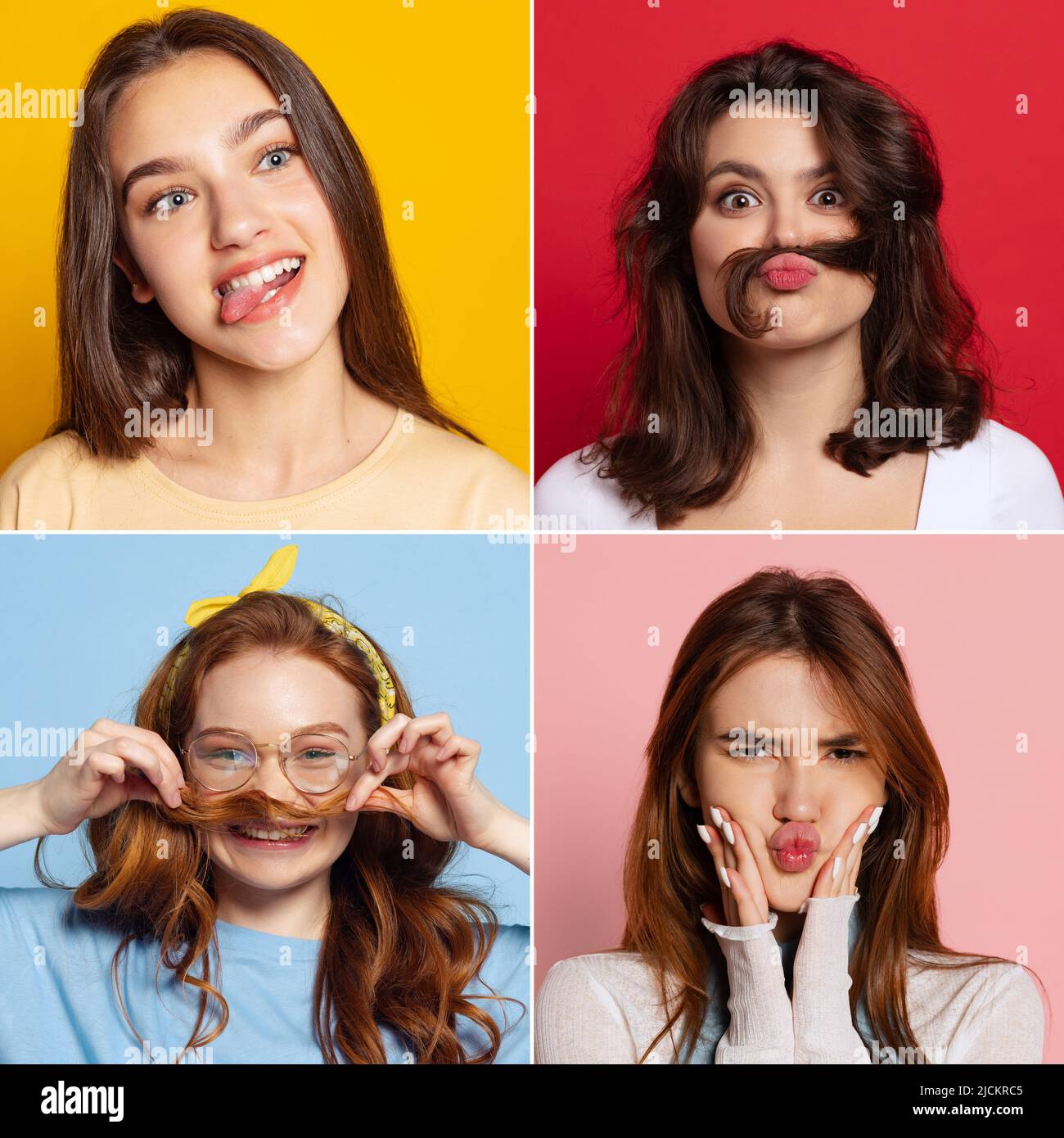 Collage made with portraits of different funny young people grimace ...