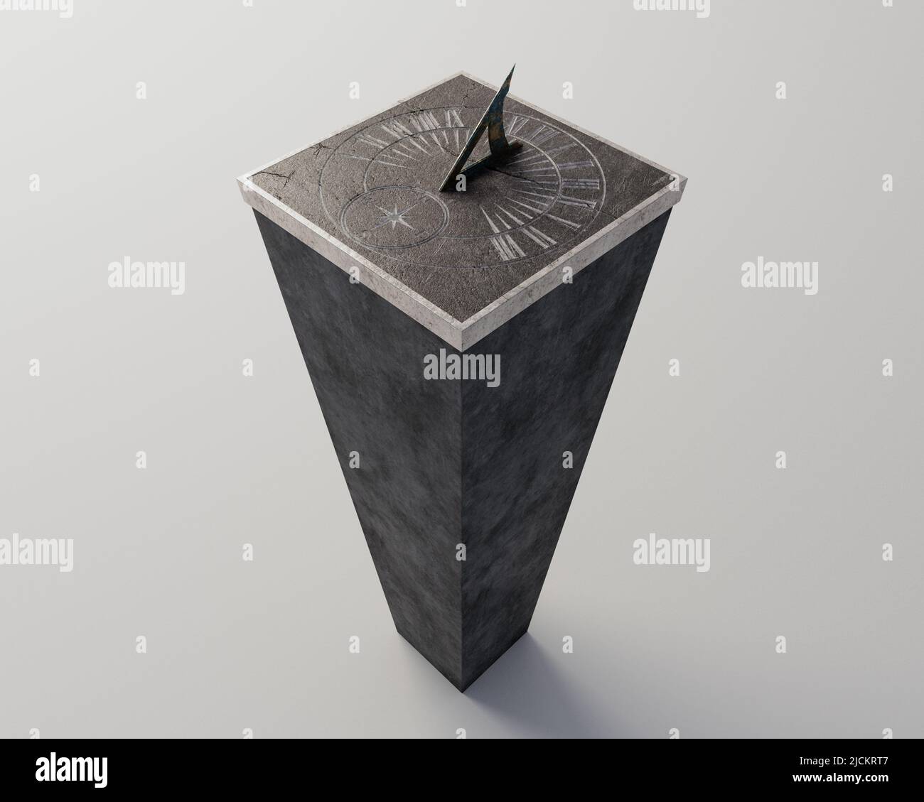 A square stone sundial with etched roman numerals standing an a ...