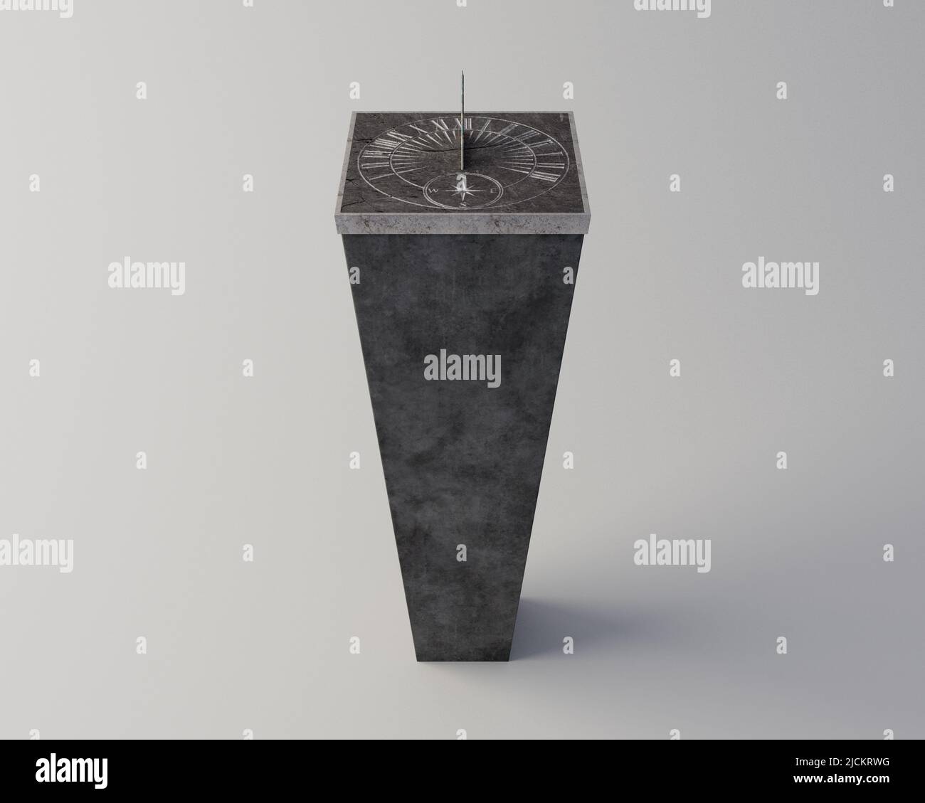 A square stone sundial with etched roman numerals standing an a ...