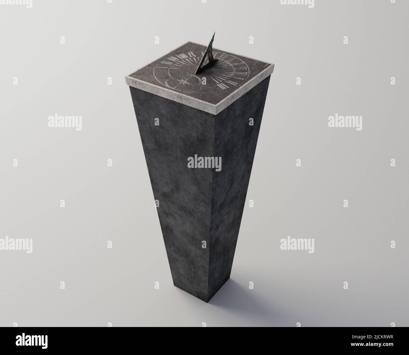 A square stone sundial with etched roman numerals standing an a ...