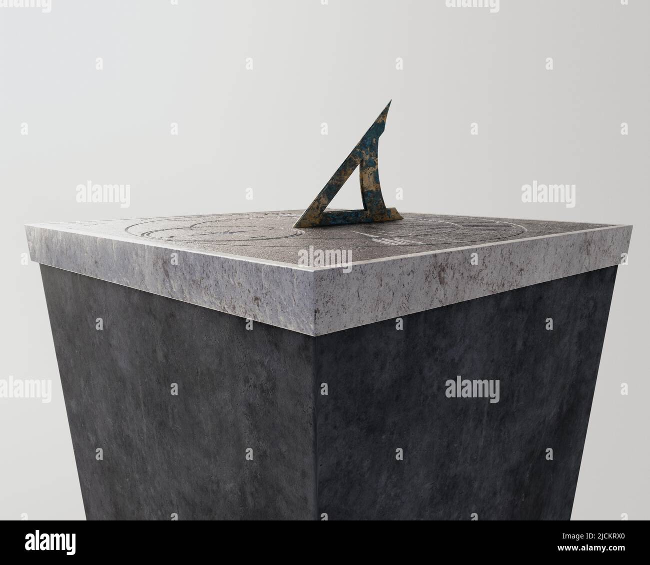 A square stone sundial with etched roman numerals standing an a ...