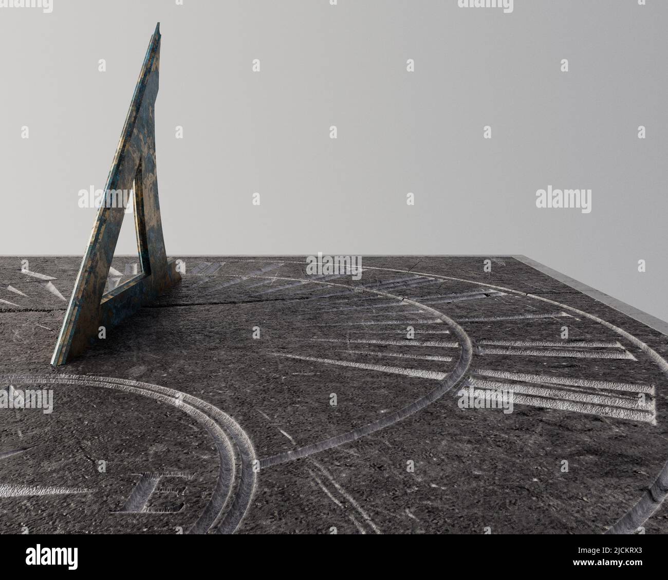 A square stone sundial with etched roman numerals standing an a ...