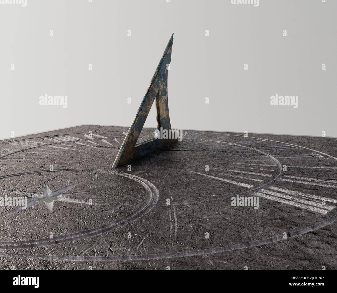 A square stone sundial with etched roman numerals standing an a ...