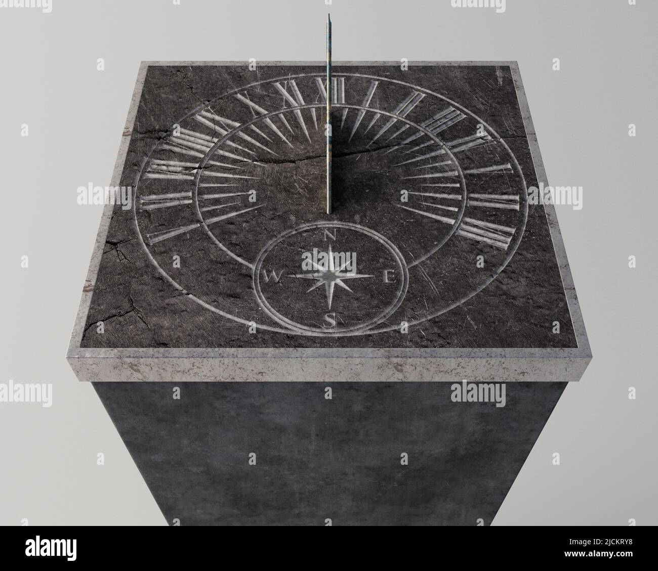 A square stone sundial with etched roman numerals standing an a ...