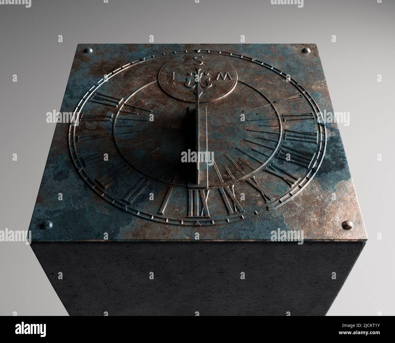 A square cast bronze sundial with roman numerals standing an a ...