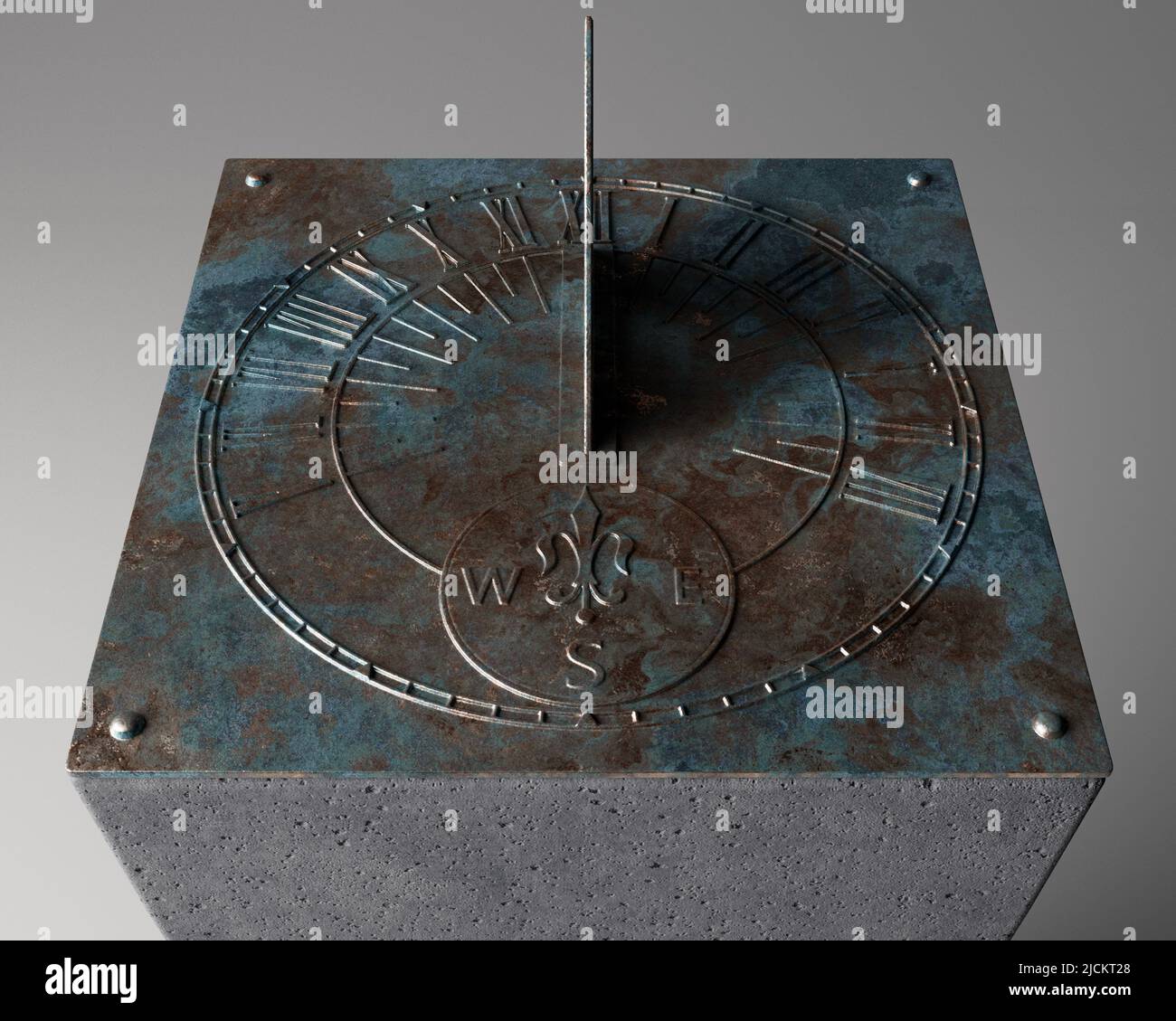 A square cast bronze sundial with roman numerals standing an a ...