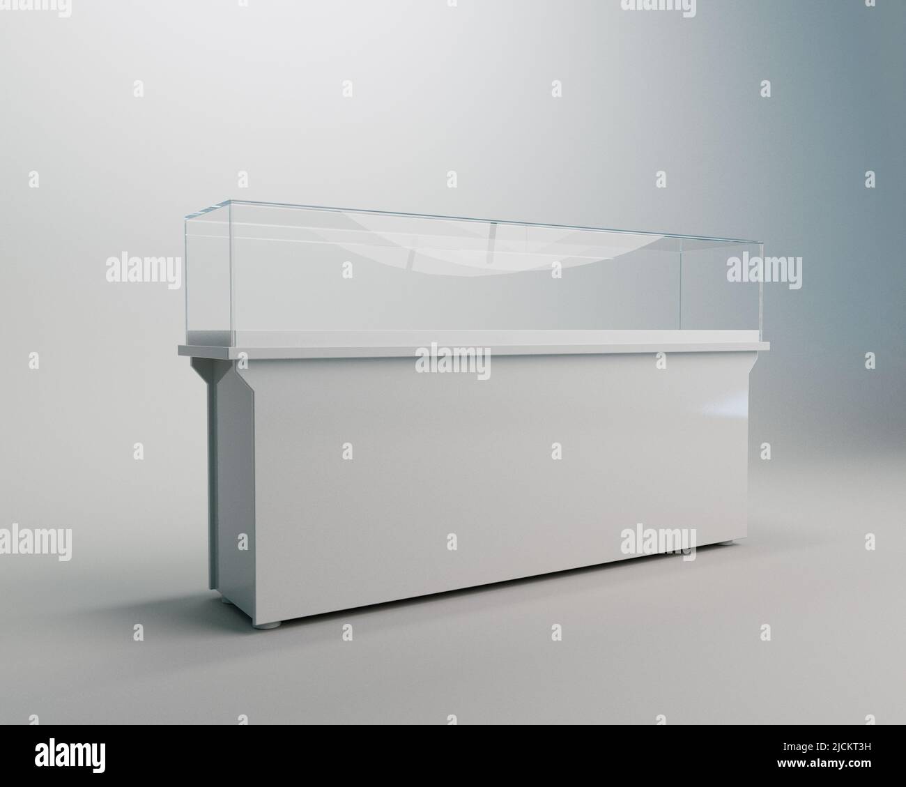 A horizontal empty glass display cabinet in a light museum setting - 3D ...