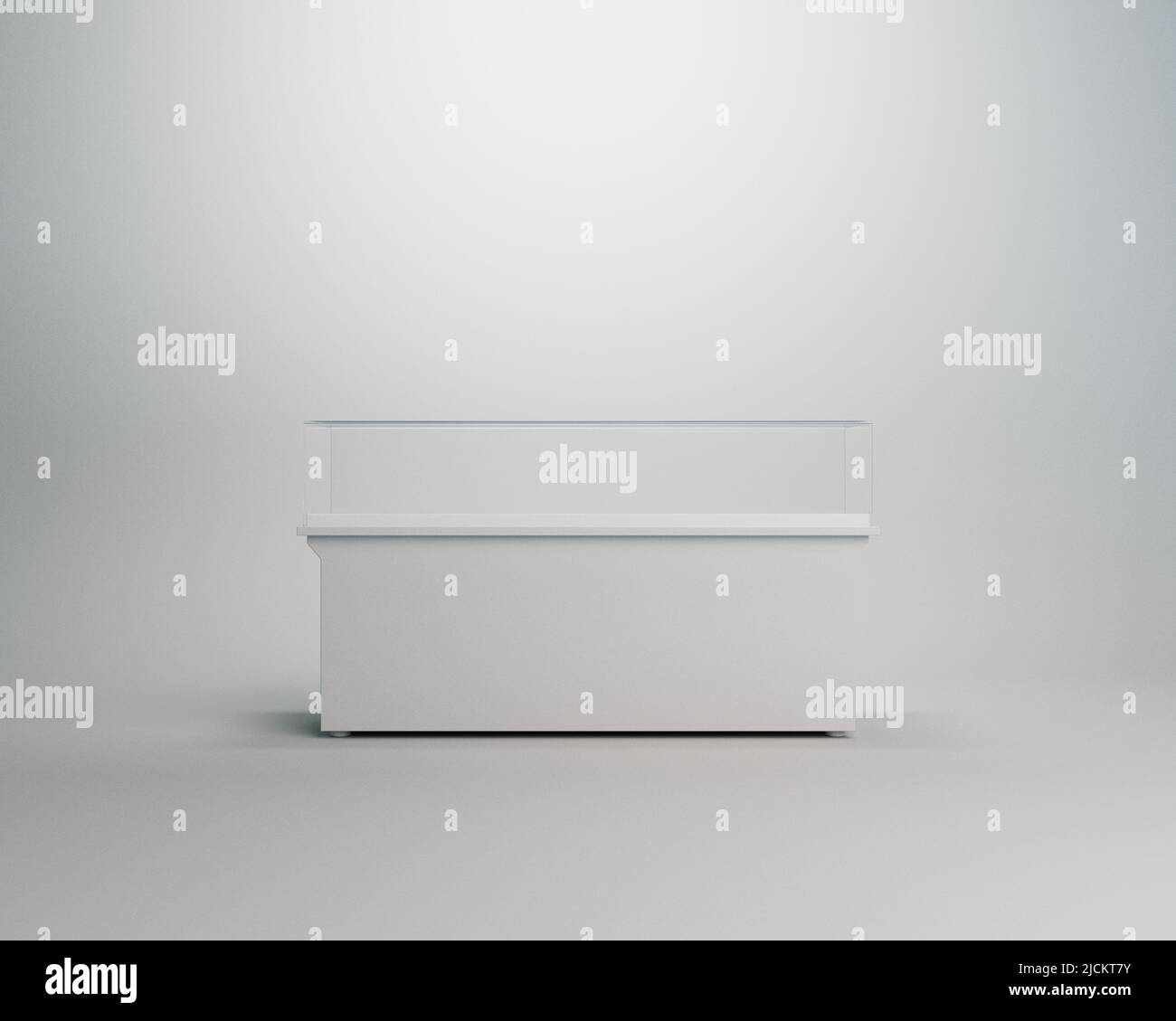 A horizontal empty glass display cabinet in a light museum setting - 3D ...