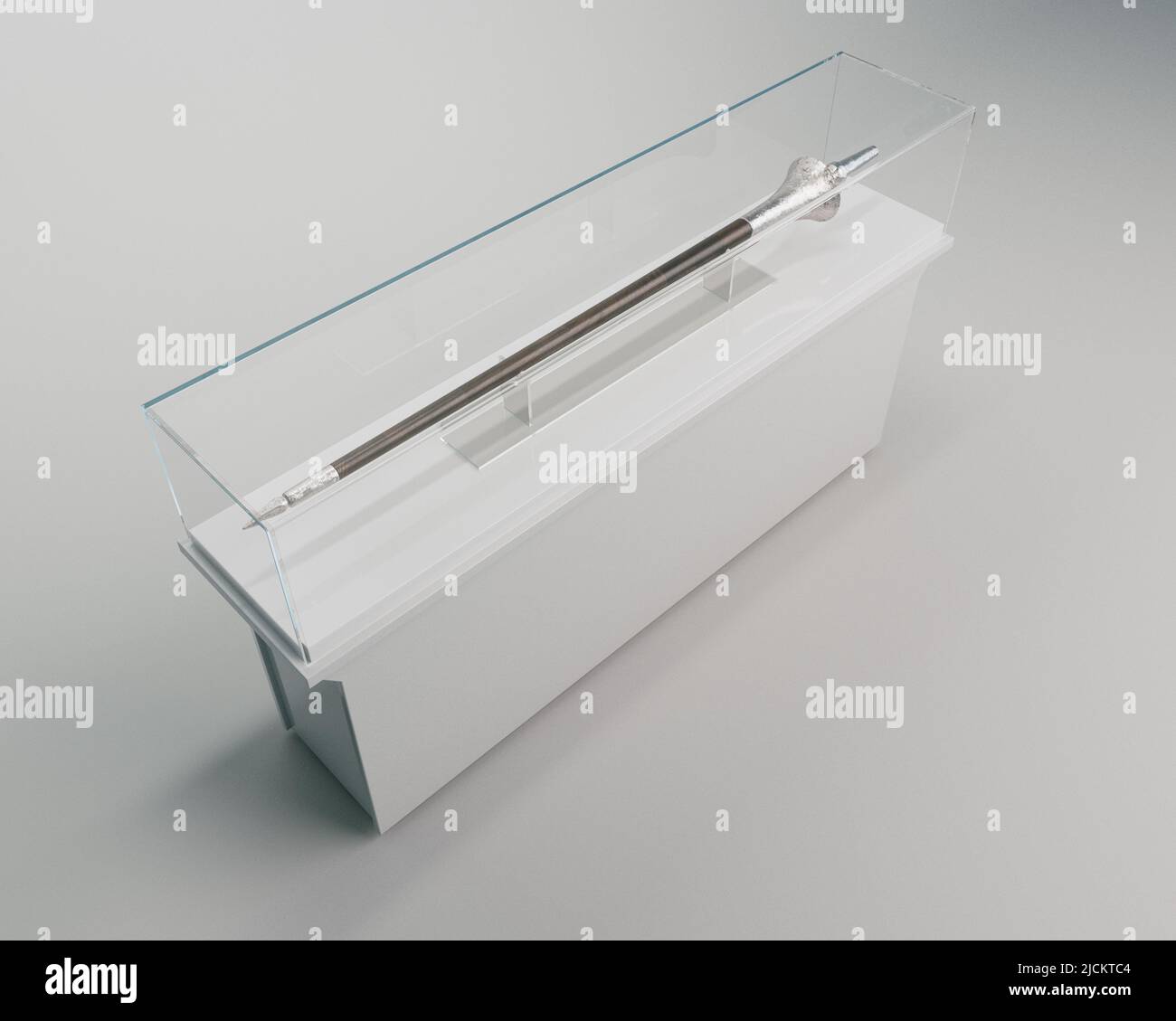 A concept showing a medieval lance on display in a hozontal glass ...