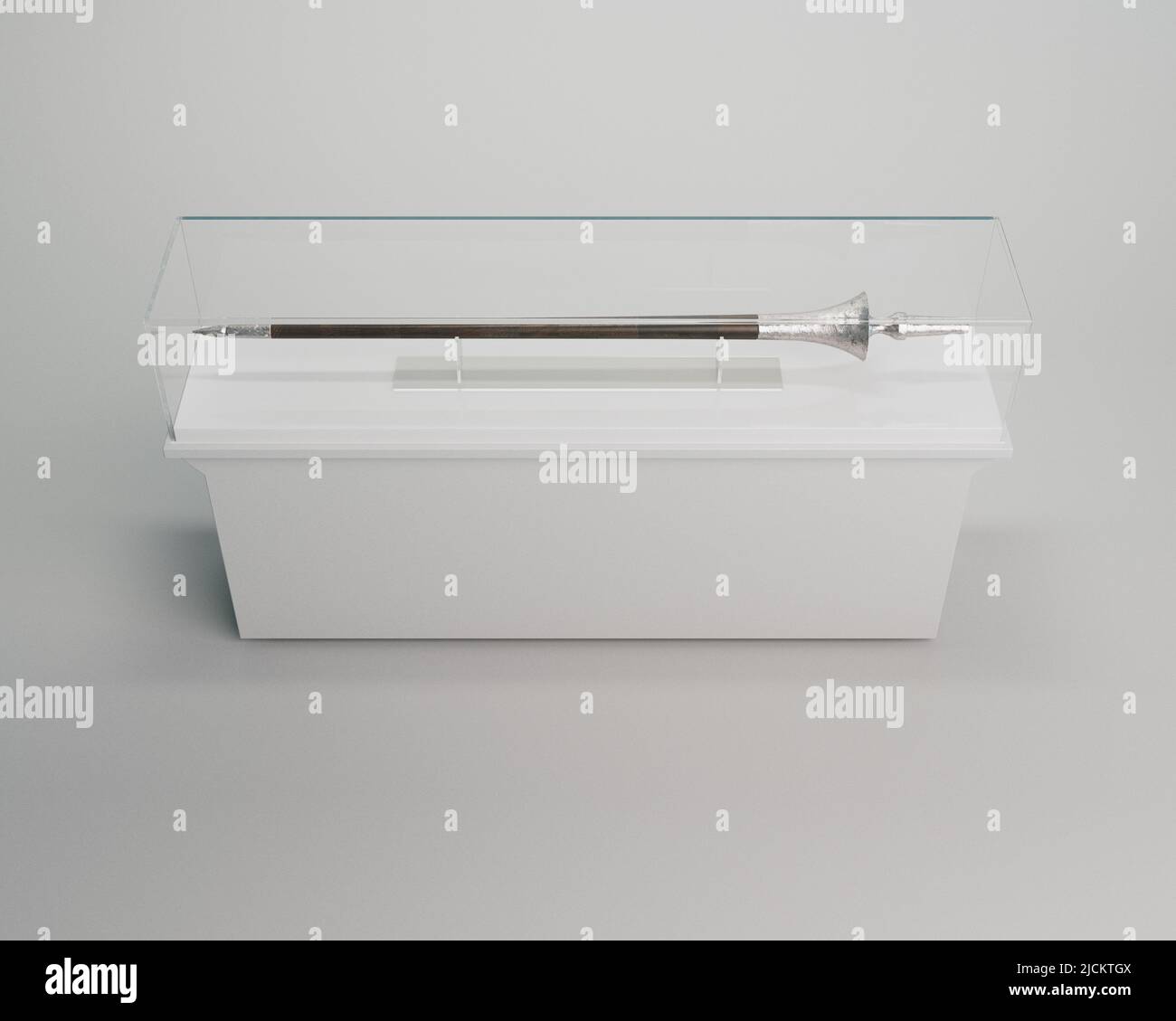 A concept showing a medieval lance on display in a hozontal glass ...