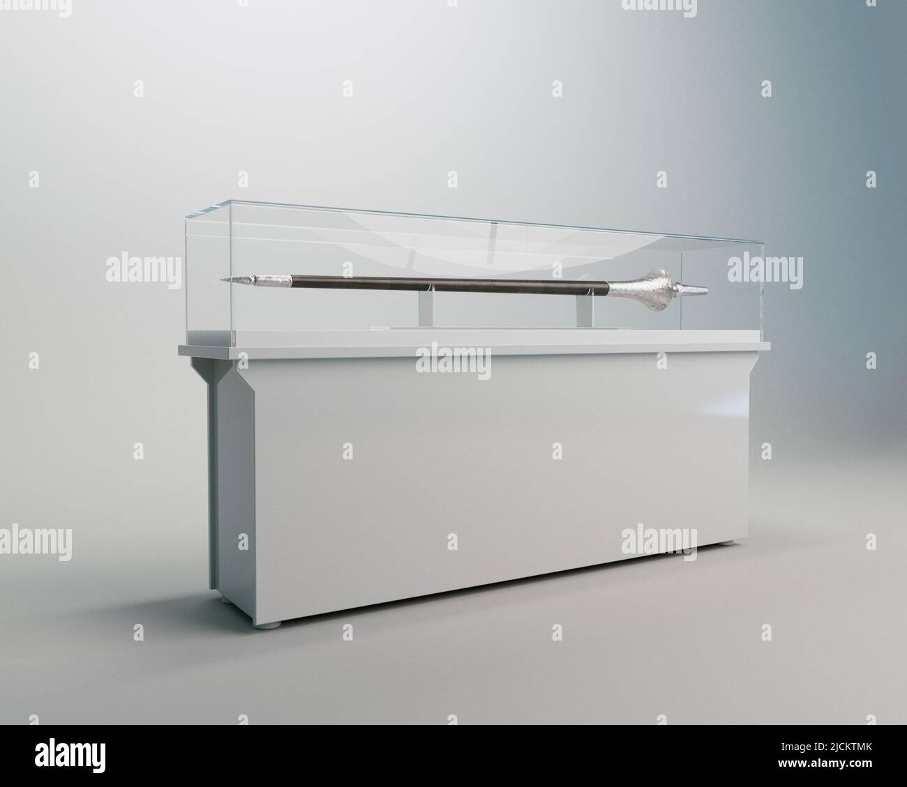 A concept showing a medieval lance on display in a hozontal glass ...