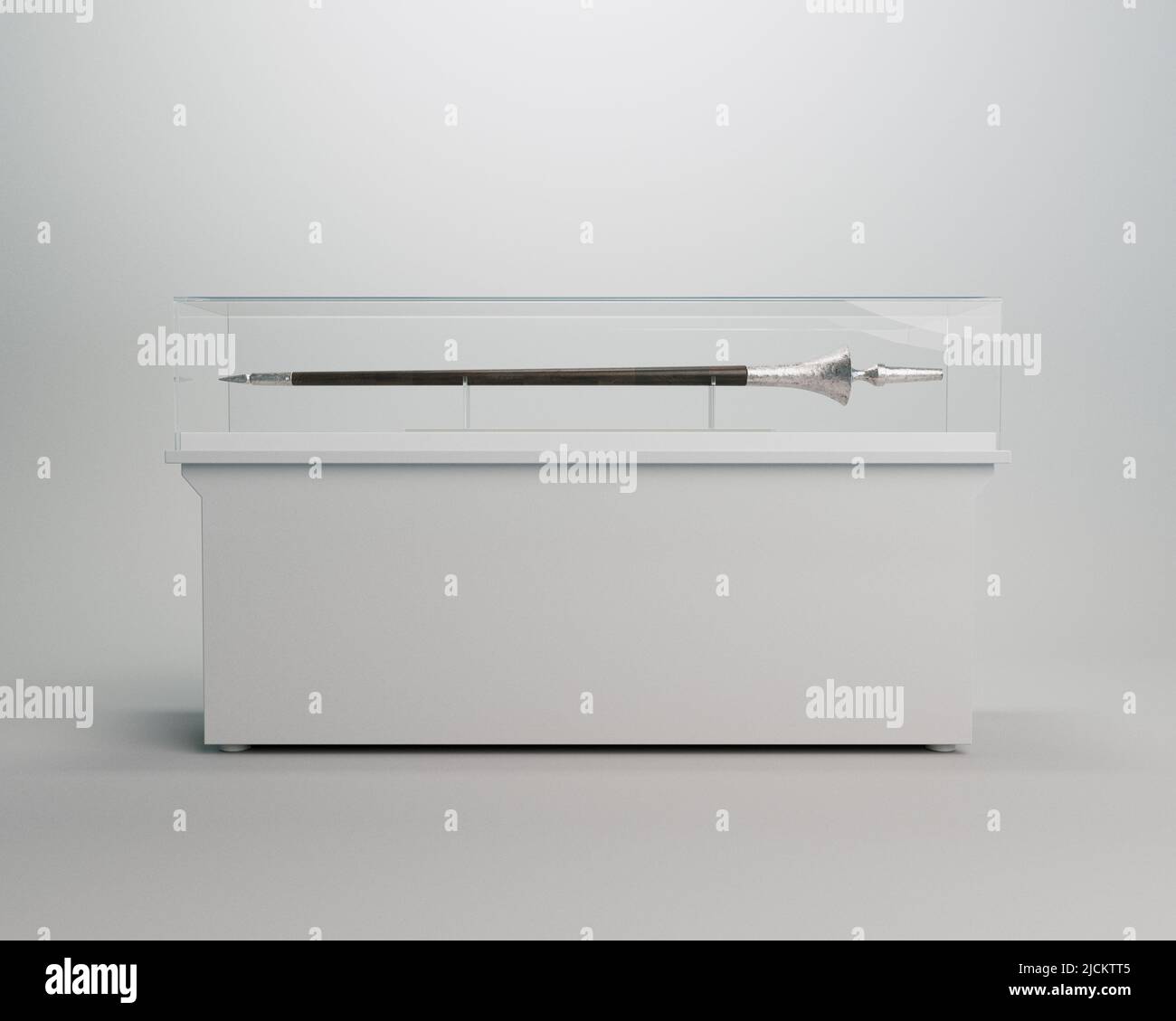 A concept showing a medieval lance on display in a hozontal glass ...
