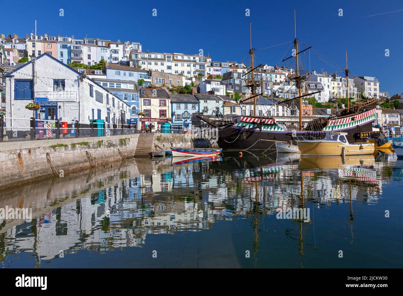 UK, England, Devon, Torbay, Brixham Harbour and The Quay with moored ...