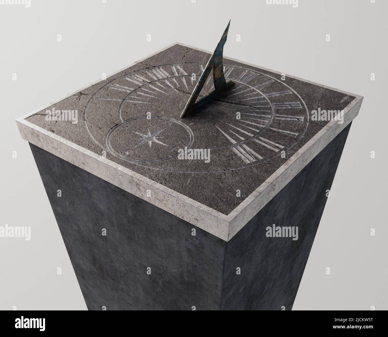 A square stone sundial with etched roman numerals standing an a ...