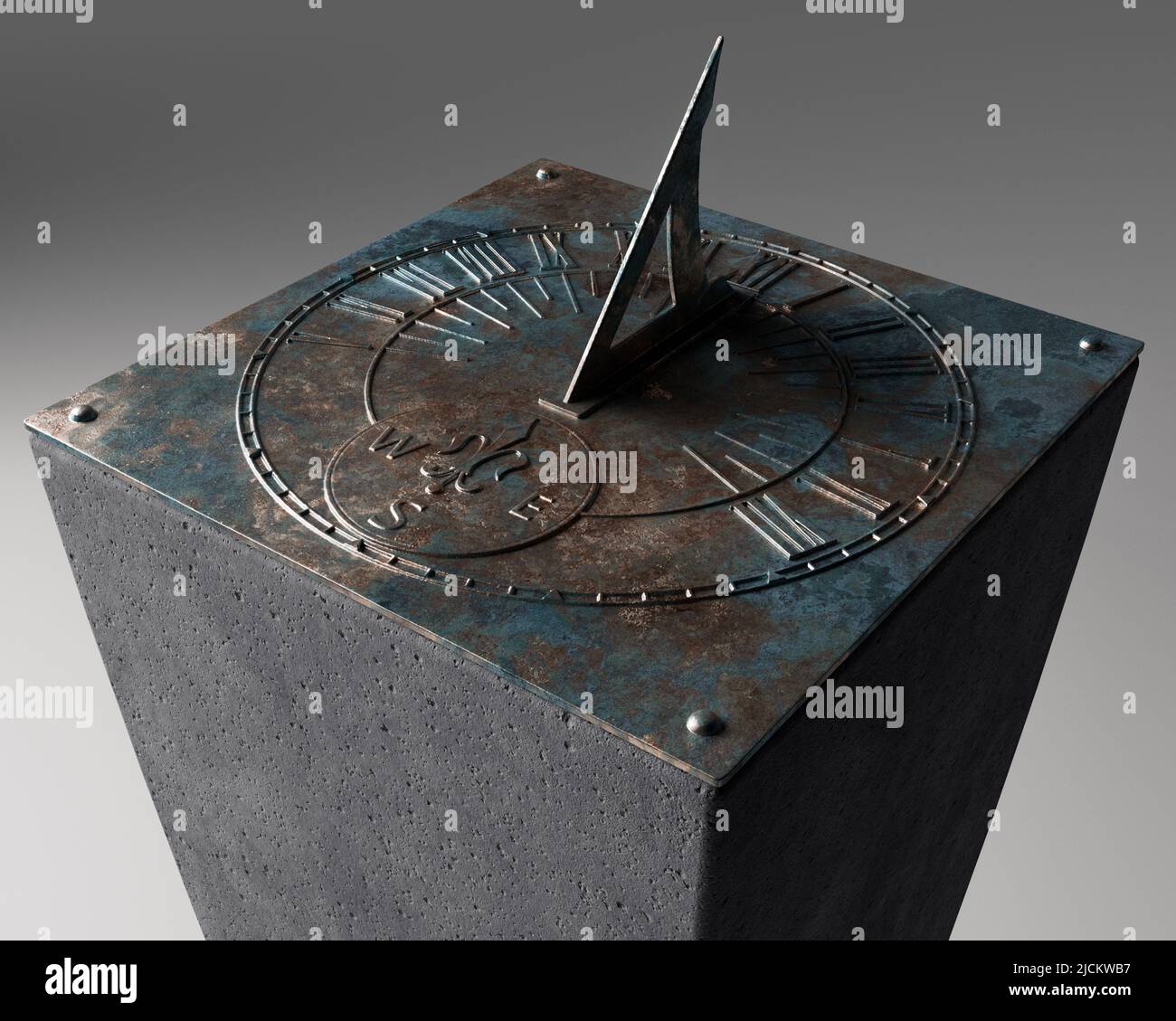 A square cast bronze sundial with roman numerals standing an a ...