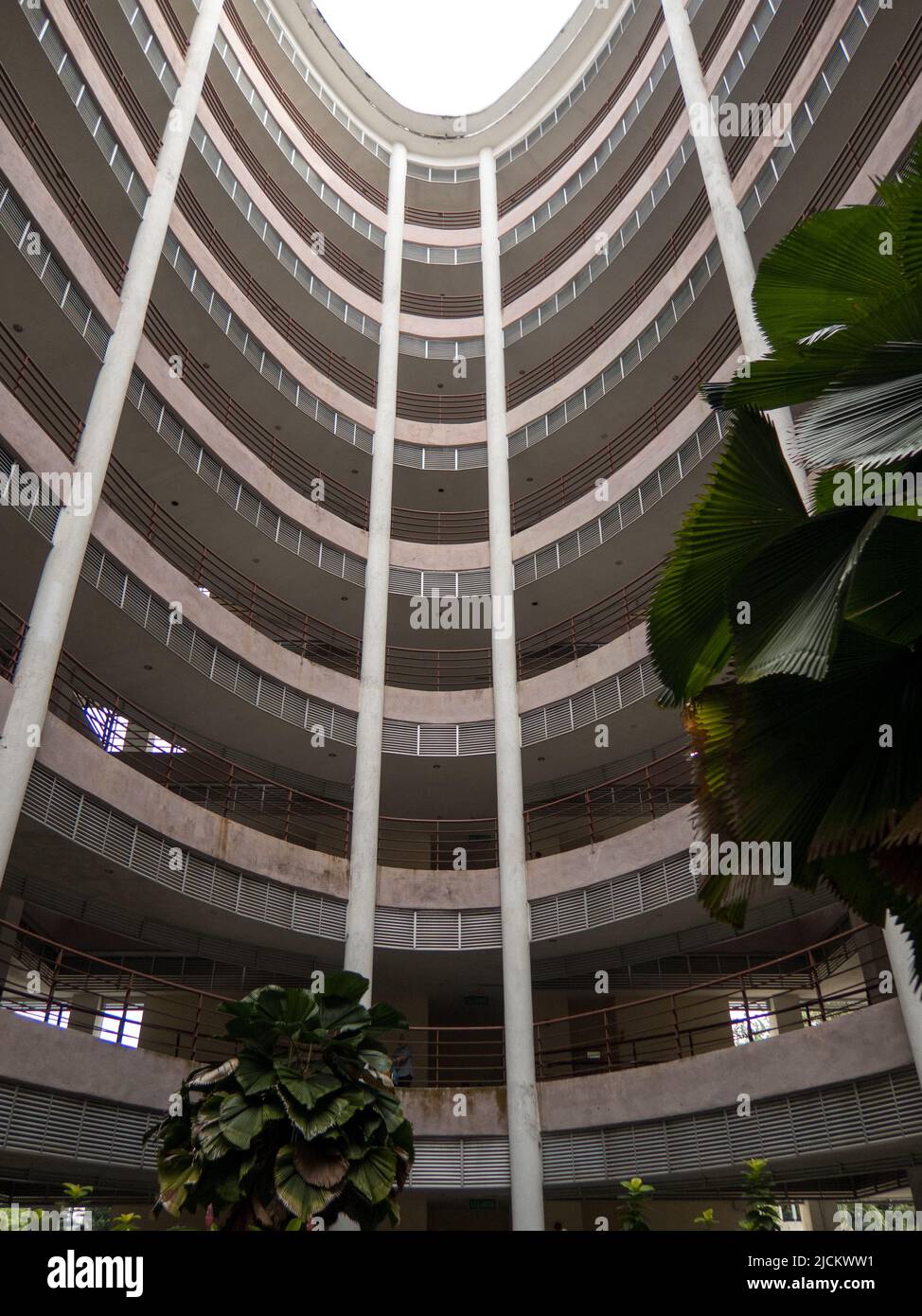 Exterior of an oval building with small area for plant and flowers ...