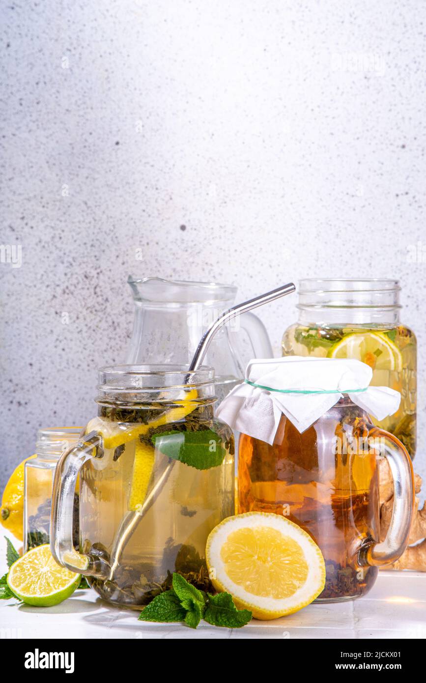 Homemade cold brew tea. Set of various healthy summer drink, cold slow ...