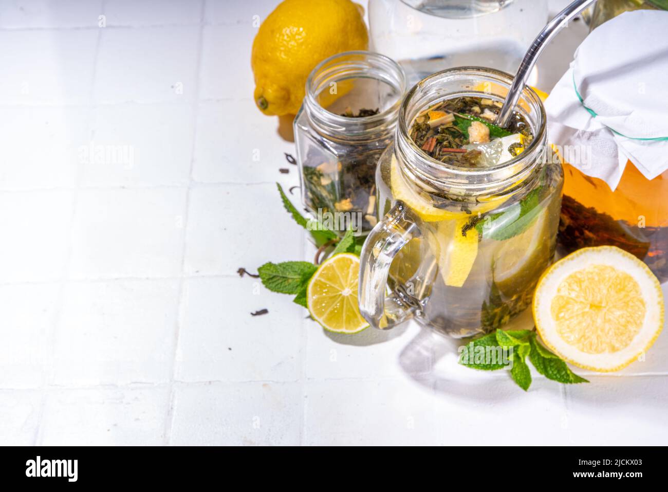 Homemade cold brew tea. Set of various healthy summer drink, cold slow ...