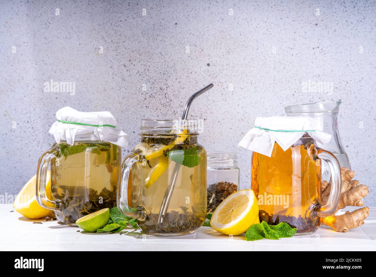 Homemade cold brew tea. Set of various healthy summer drink, cold slow ...