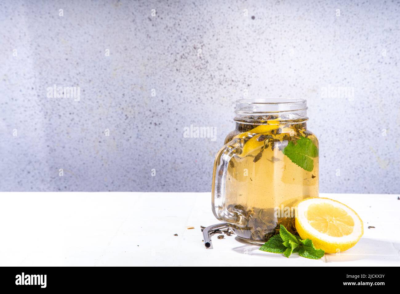 Homemade cold brew tea. Set of various healthy summer drink, cold slow ...