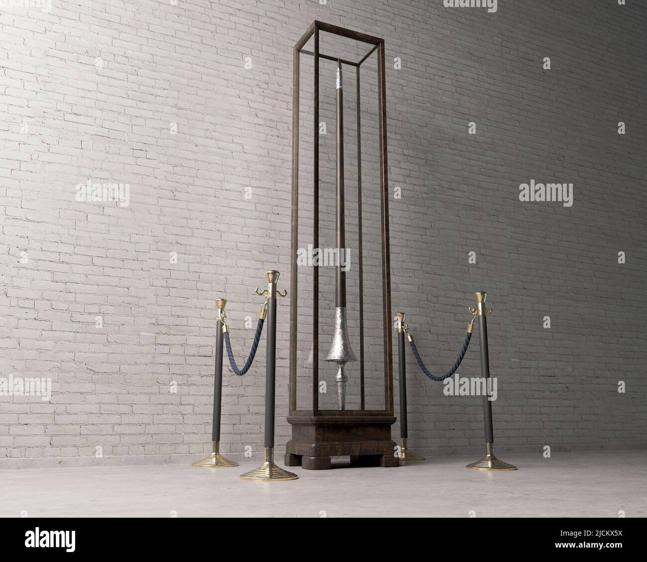 A concept showing an upright medieval lance on display in a wood and ...