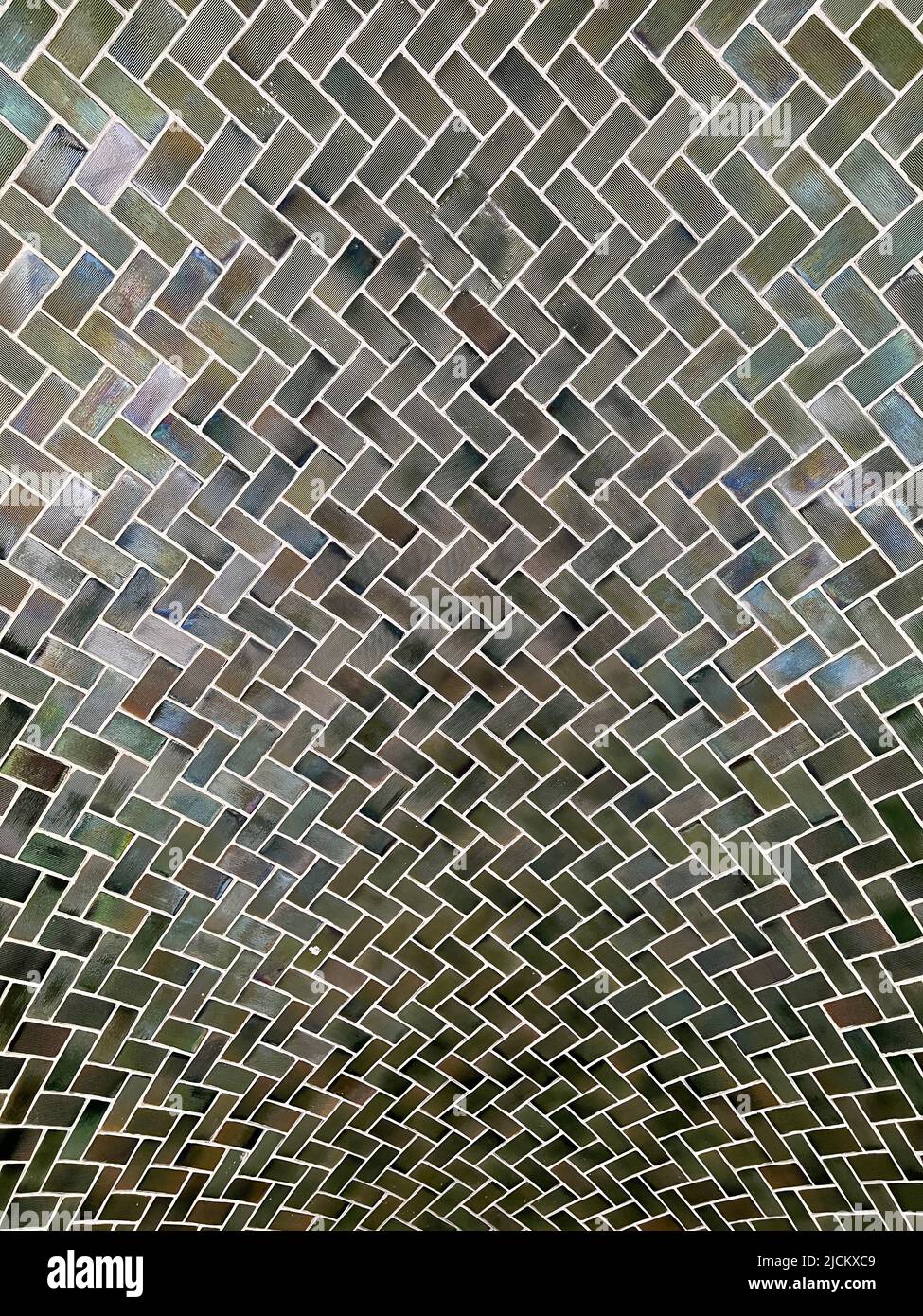 Looking up at a geometric brick ceiling in a structure in Prospect Park ...