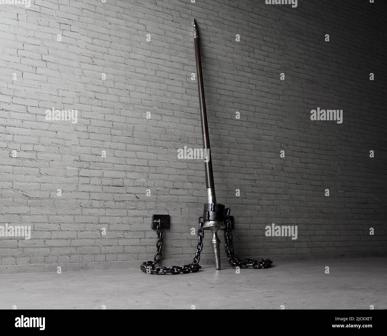 A play on words concept showing an upstanding medieval wooden lance ...