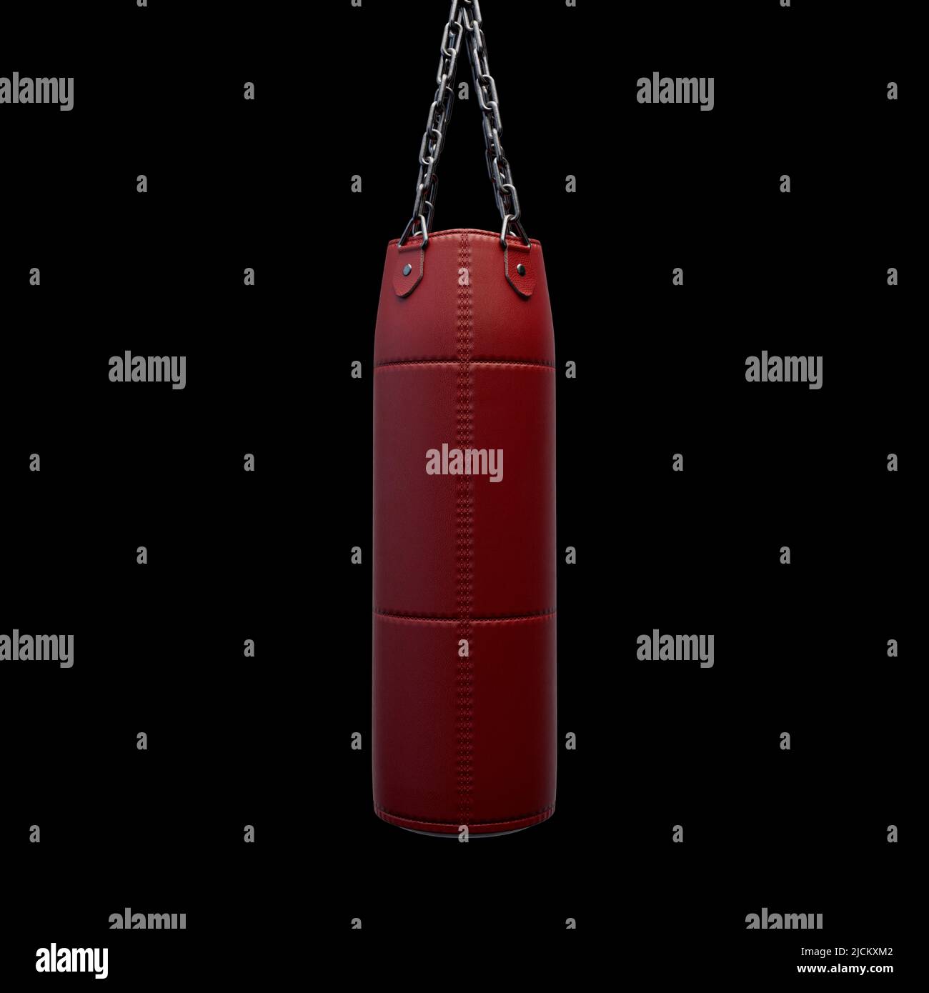 A red modern leather punching bag hanging by heavy chains on an ...