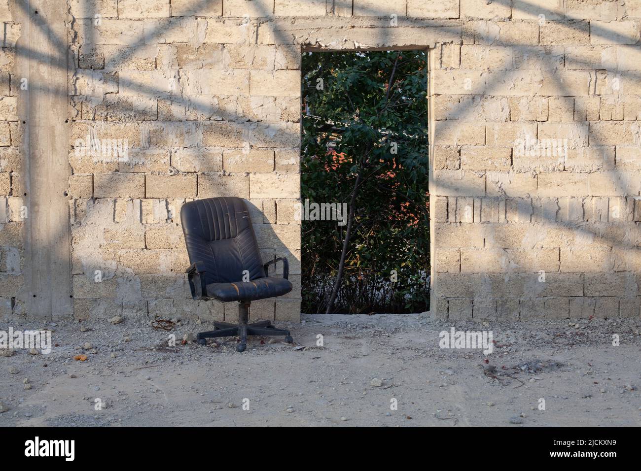 Old factory ruins, grunge office with empty office chair Stock Photo ...