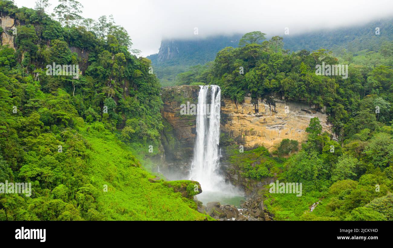Waterfall in the rainforest. Tropical Laxapana Falls in mountain jungle ...