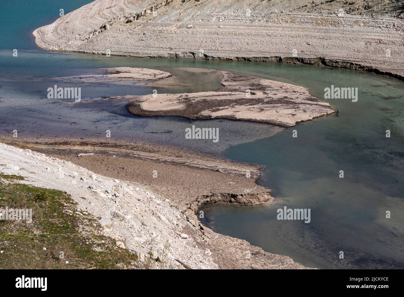 Lake Fiastra emptied for maintenance of the dam, Marche, Italy, Europe ...