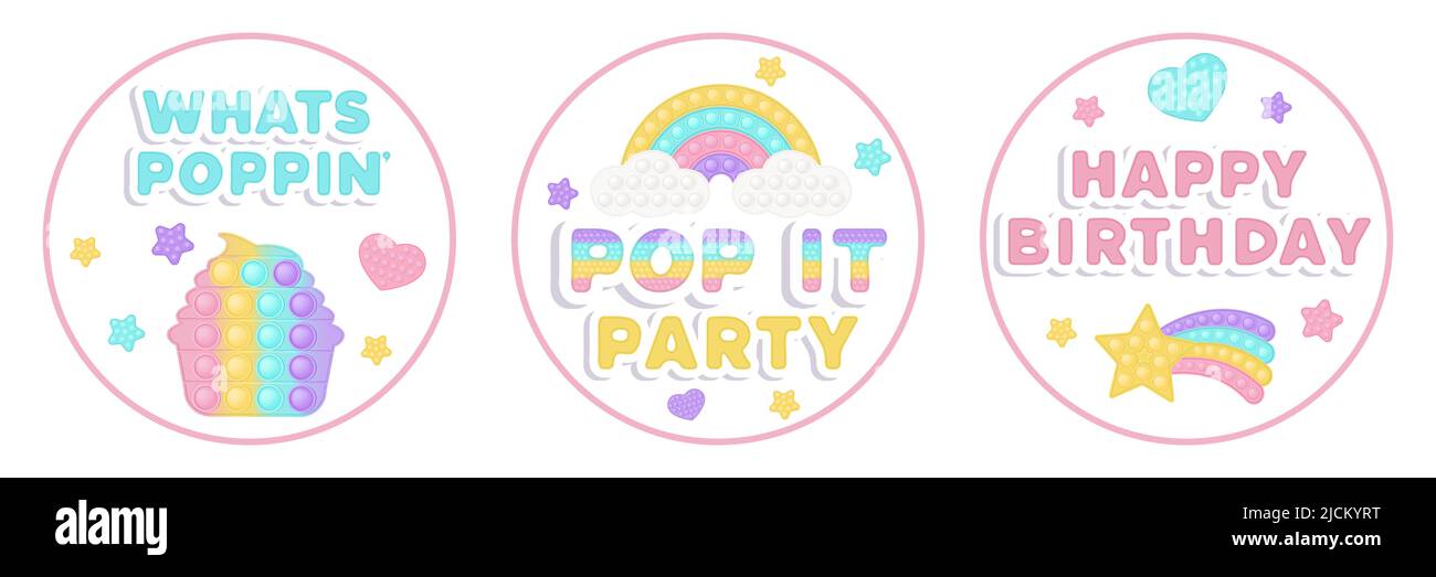 Set of three Birthday favor tags popi it fidget toy vector design with ...