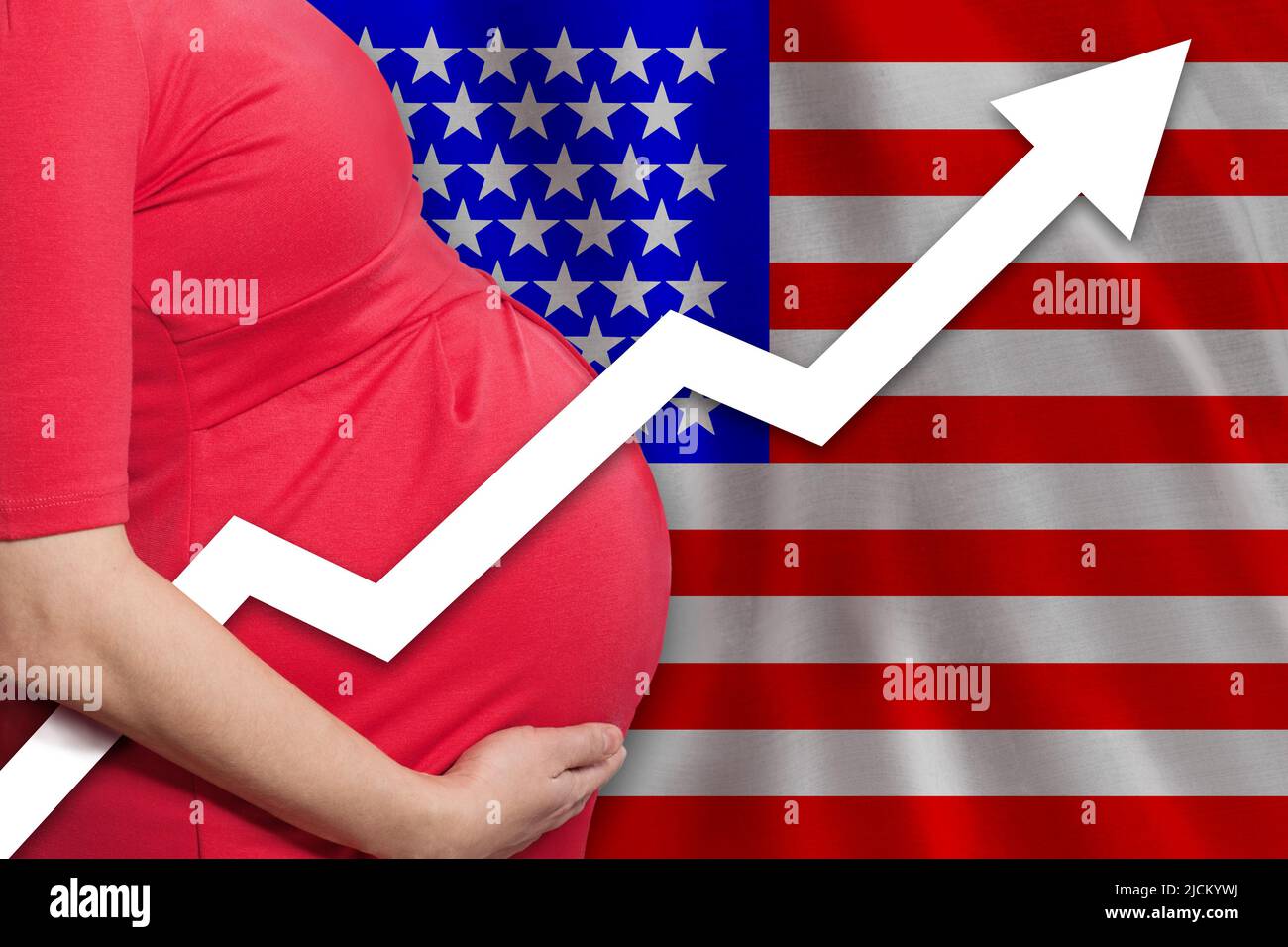 American pregnant woman on flag of USA background. Birth rate up Stock ...
