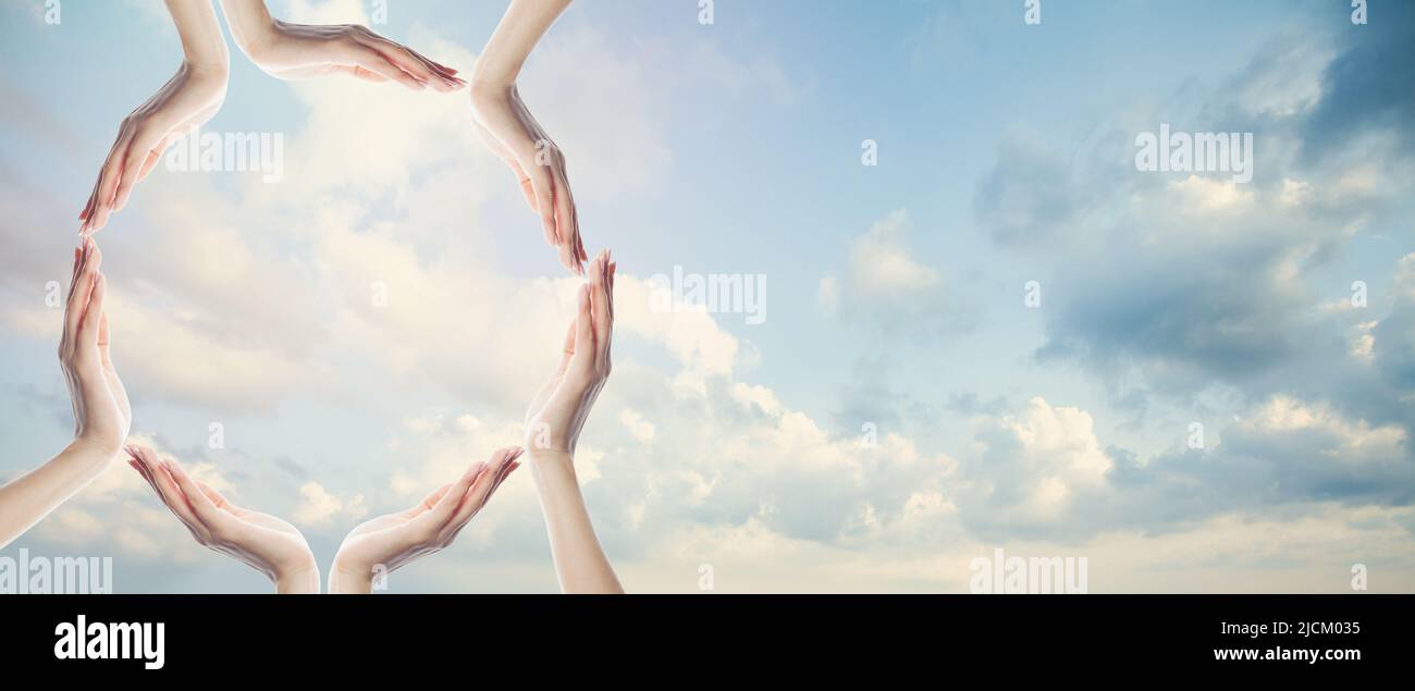 Sky clouds background with many human hands frame Stock Photo - Alamy