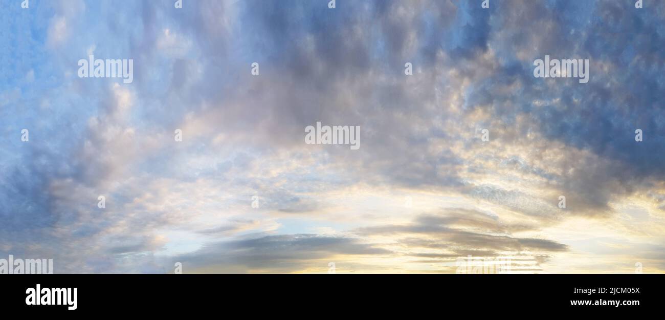 Dawn sky with clouds and orange light panoramic background Stock Photo ...