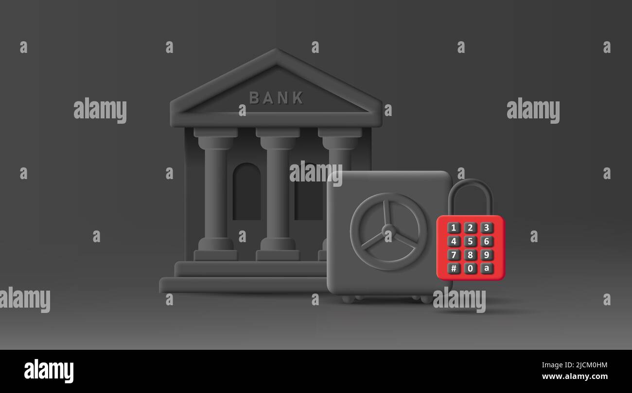 3d mono chrome black illustration of bank building with safe and ...