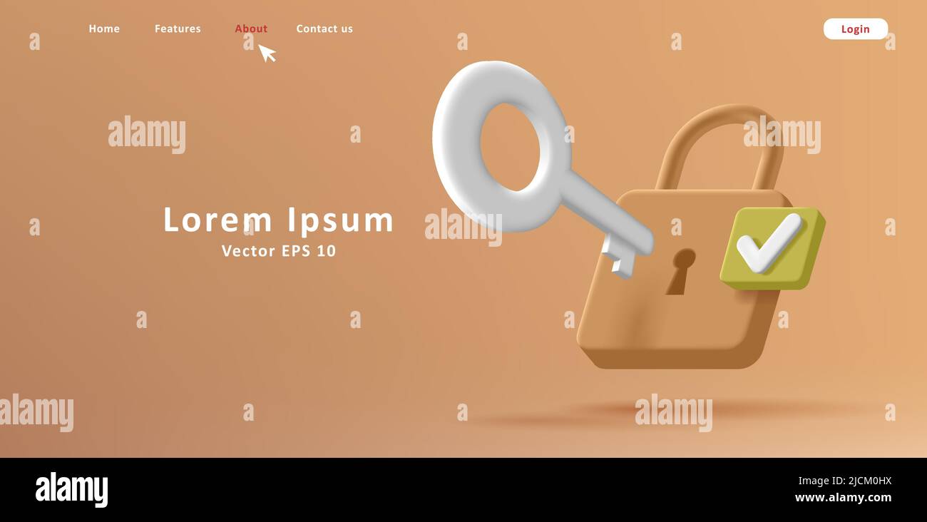 Web banner with security 3d isometric illustration of padlock with key ...