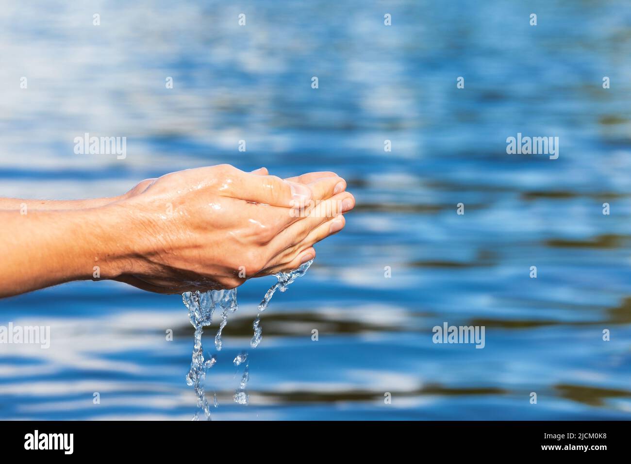 Person scoops up raw water from a lake. Natural water resources ...
