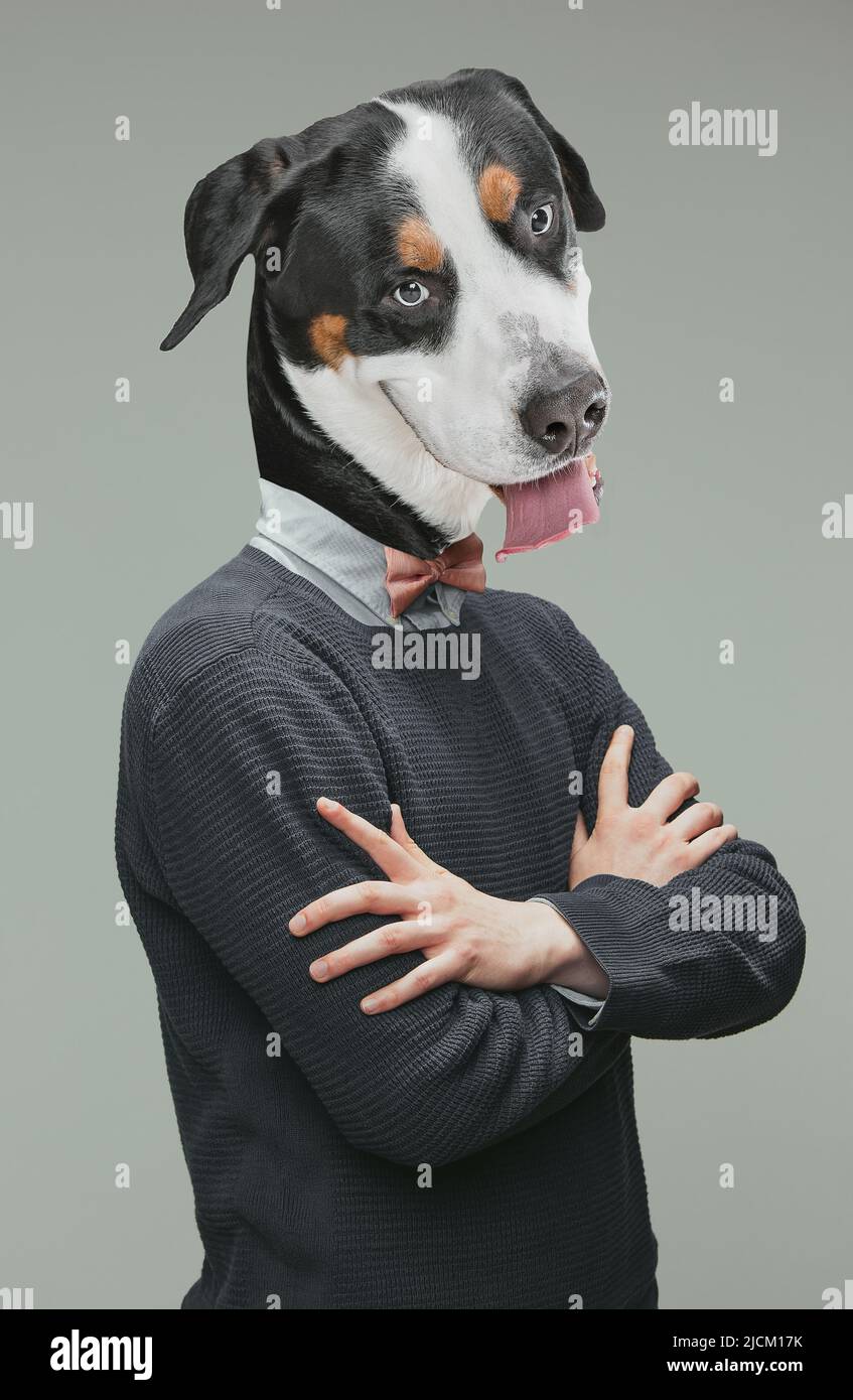 Contemporary artwork, conceptual artcollage. Man headed by dog head ...