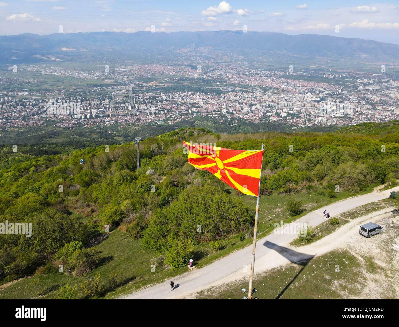 The national flag on mount Vodno over Skopje on Macedonia Stock Photo ...