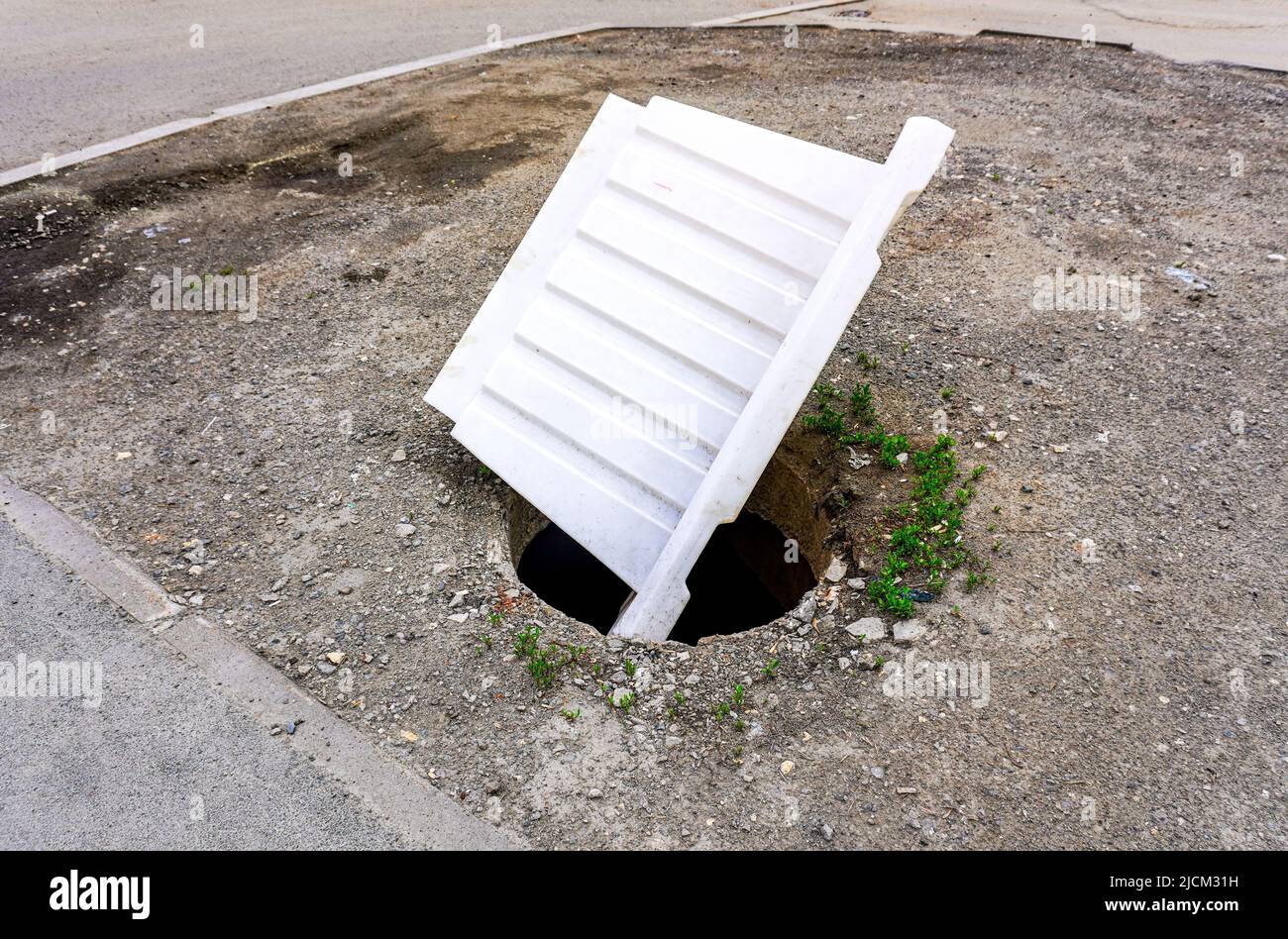 Open unsecured sewer manhole on the city street Stock Photo - Alamy