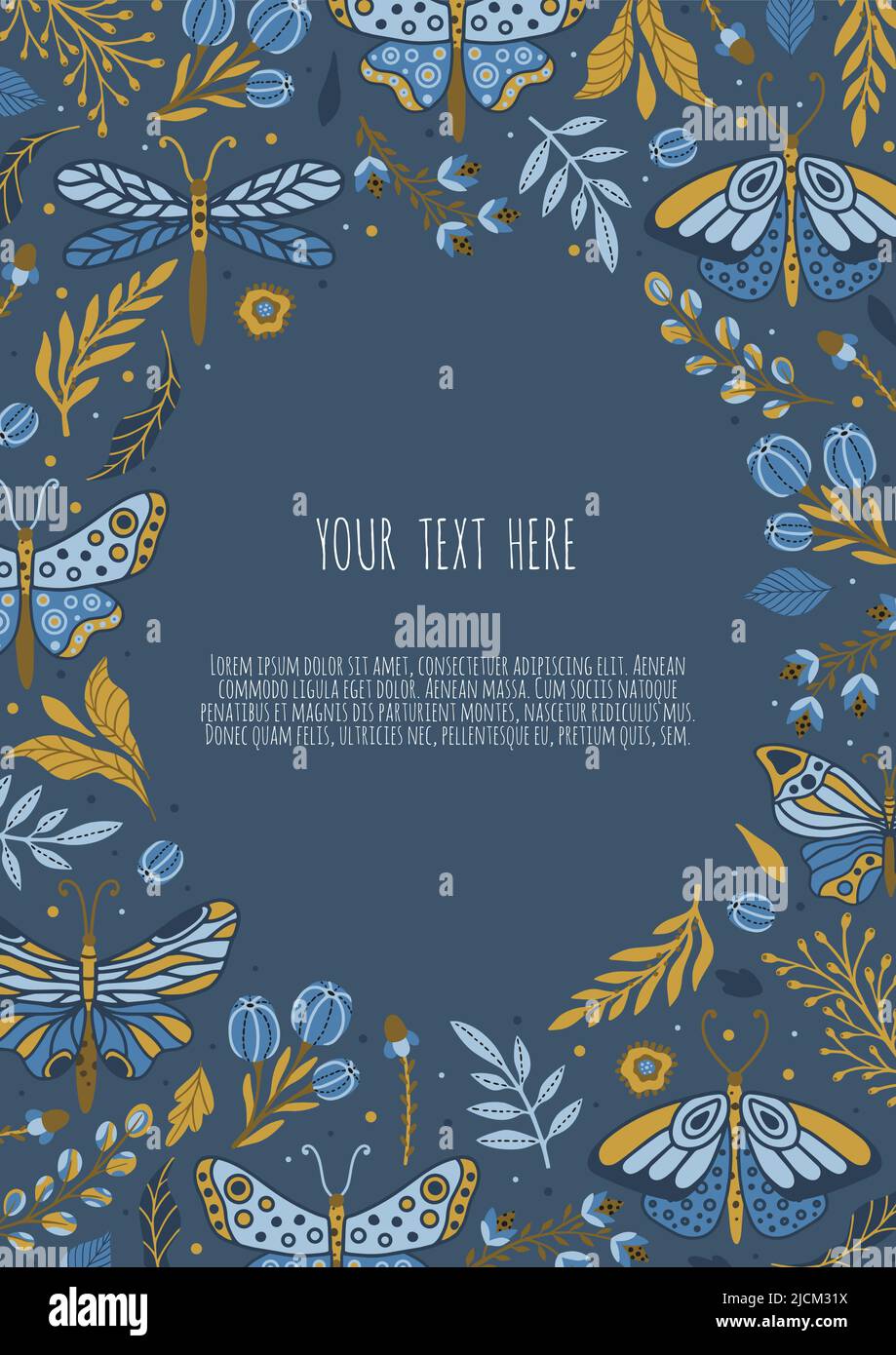 Frame with butterflies. Hand drawn colorful moth and insects. Design ...