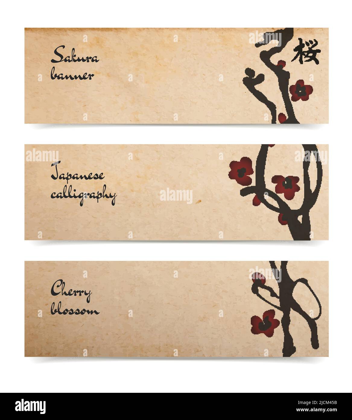 Set of cherry blossom horizontal banners on old realistic parchment or ...