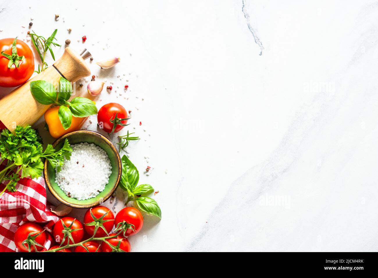 Food cooking background on white marble table Stock Photo - Alamy