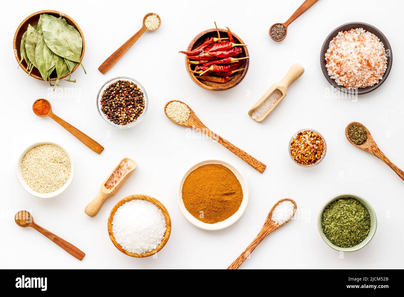 Cooking ingredients - colorful spices and herbs in bowls, top view Stock Photo - Alamy