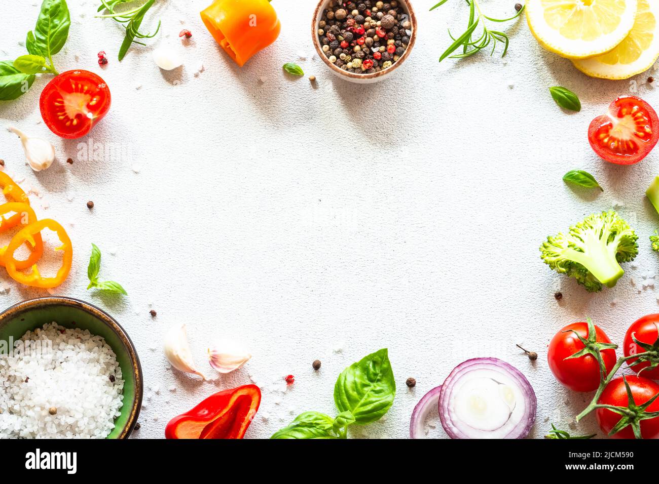 Food cooking background on white table Stock Photo - Alamy