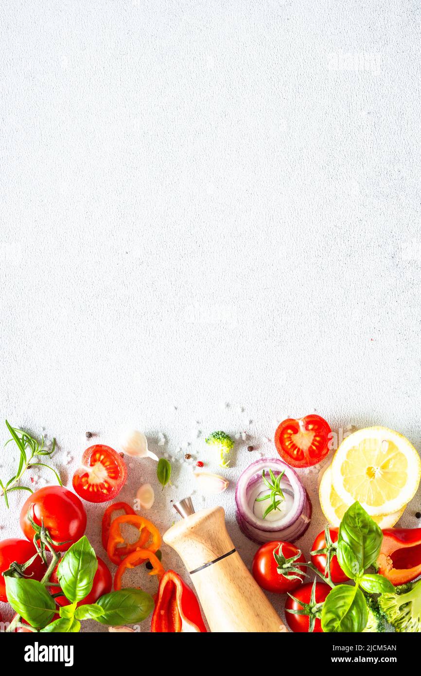 Food cooking background on white table Stock Photo - Alamy