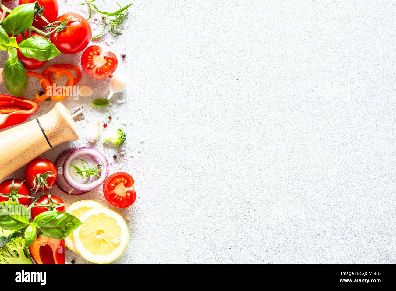 Food cooking background on white table Stock Photo - Alamy