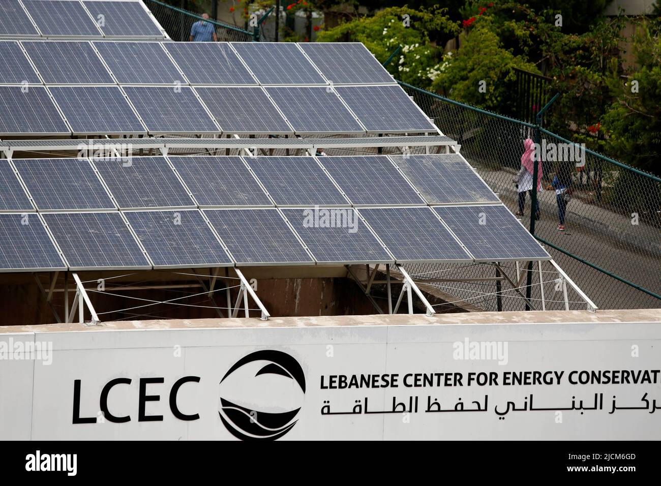 Beirut. 14th June, 2022. Solar panels are seen over the Beirut River in ...